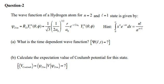 The wave function of a Hydrogen atom for n=2 and ℓ=1 | Chegg.com