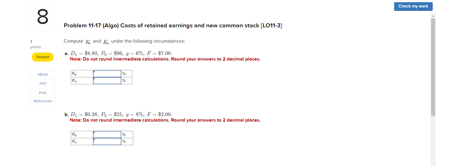 Solved Problem 11-17 (Algo) Costs of retained earnings and | Chegg.com