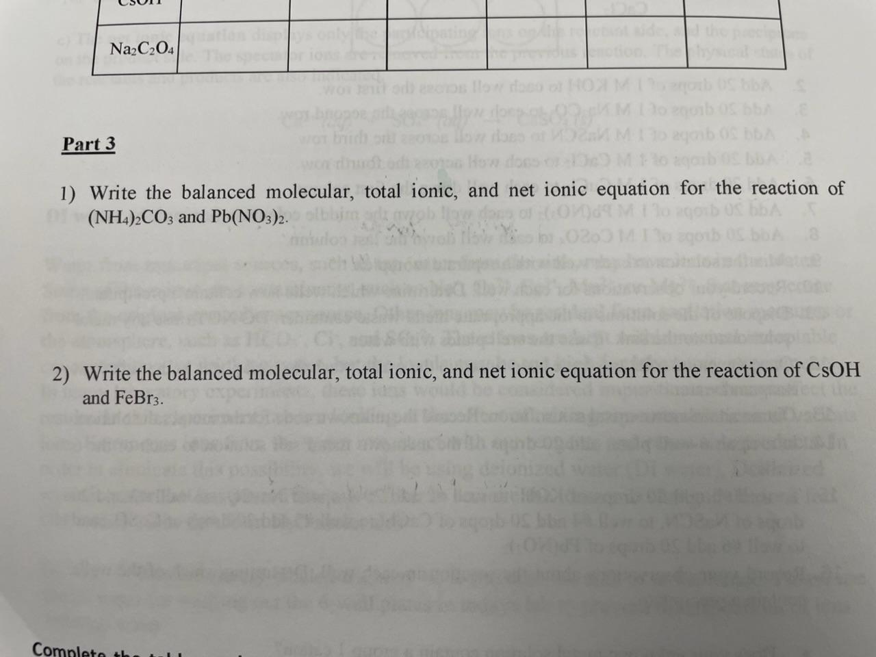 Solved 1 Write The Balanced Molecular Total Ionic And Net 
