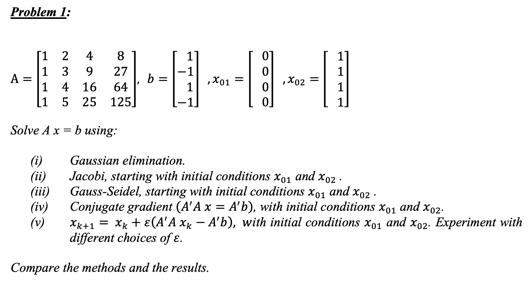 Solved Problem 1: A= 1 2 1 3 1 4 li 5 4 9 16 25 81 27 1, b = | Chegg.com