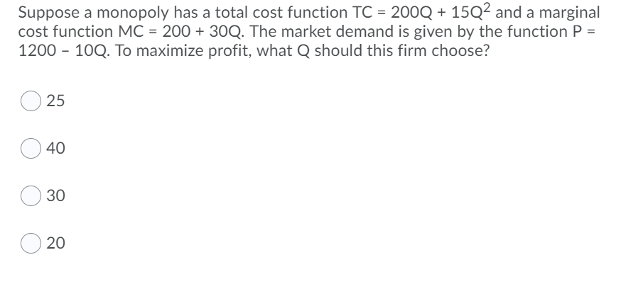 Solved Suppose a monopoly has a total cost function TC = | Chegg.com