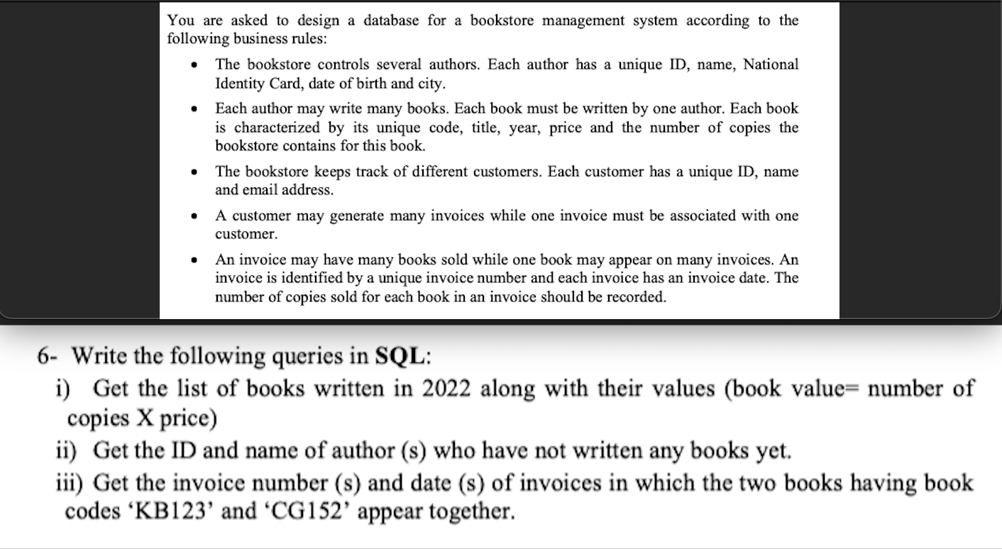 Solved You are asked to design a database for a bookstore | Chegg.com