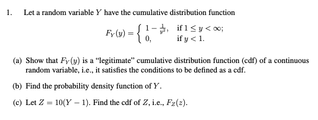 Solved 1. Let a random variable Y have the cumulative | Chegg.com