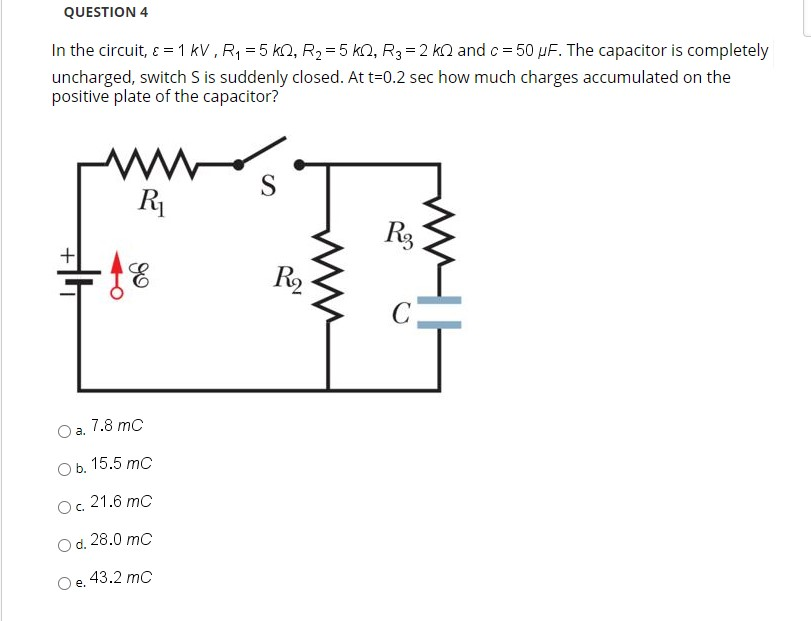 Solved QUESTION 4 In the circuit, e = 1 kV, R1 = 5 k2, R2 = | Chegg.com