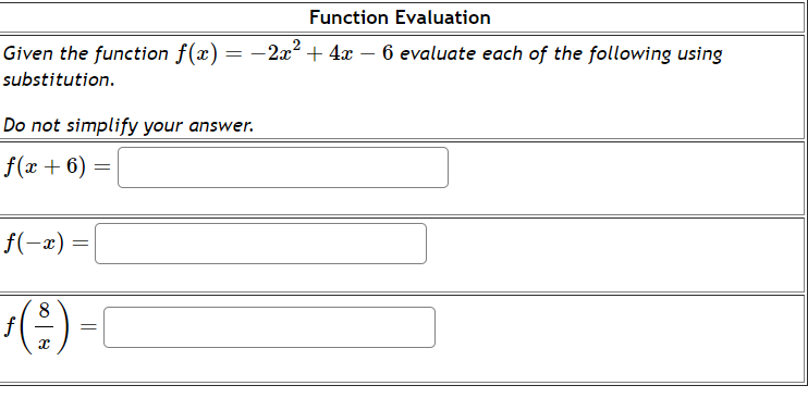 Solved Function EvaluationGiven the function f(x)=-2x2+4x-6 | Chegg.com