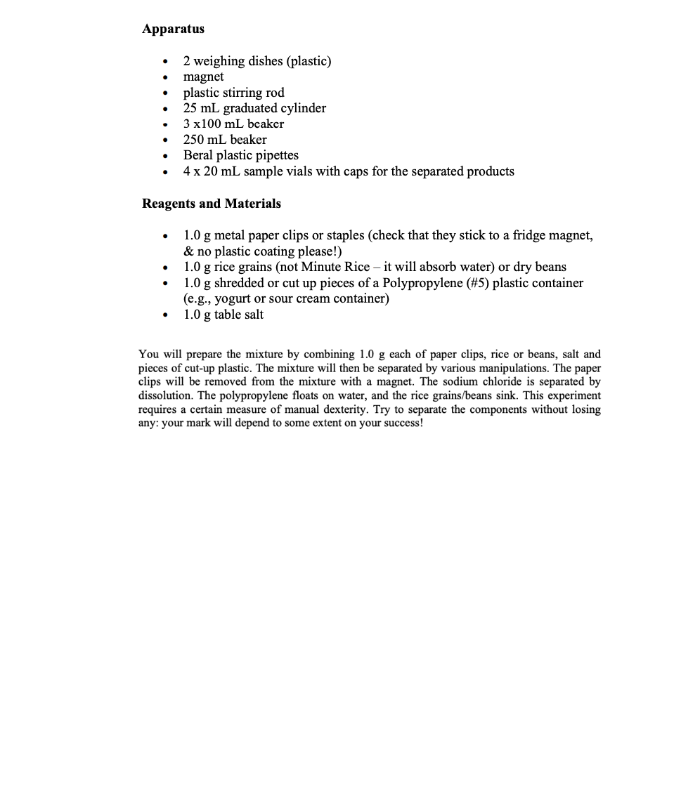 Separation of Mixtures Lab Questions (attached is the | Chegg.com