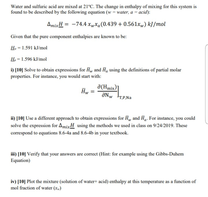 Water and sulfuric acid are mixed at 21°C. The change | Chegg.com