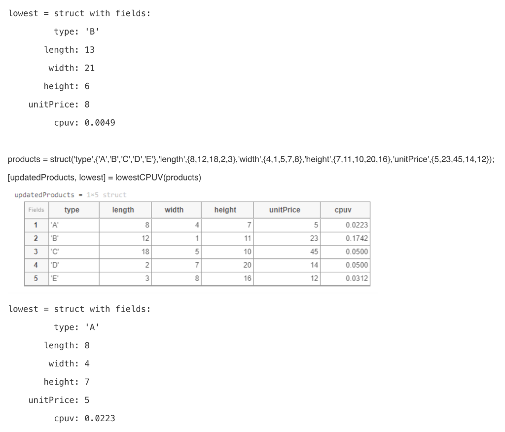 Solved Function Name: lowestCPUV Inputs: (structure array) A | Chegg.com