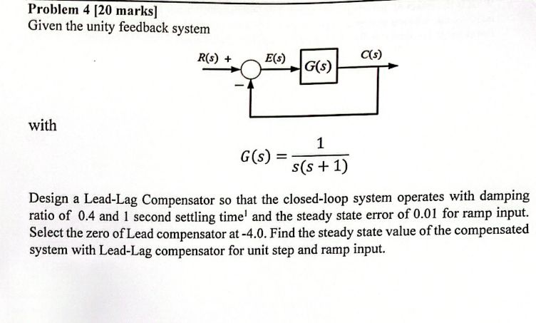 Solved Problem 4 [20 marks] Given the unity feedback system | Chegg.com