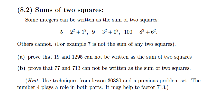 Solved 8 2 Sums Of Two Squares Some Integers Can Be Chegg