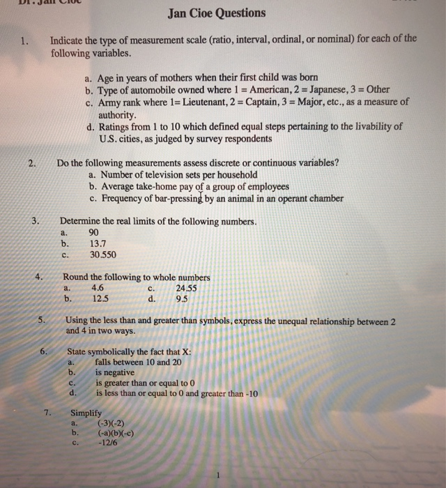 Solved Jan Cioe Questions 1. Indicate the type of | Chegg.com