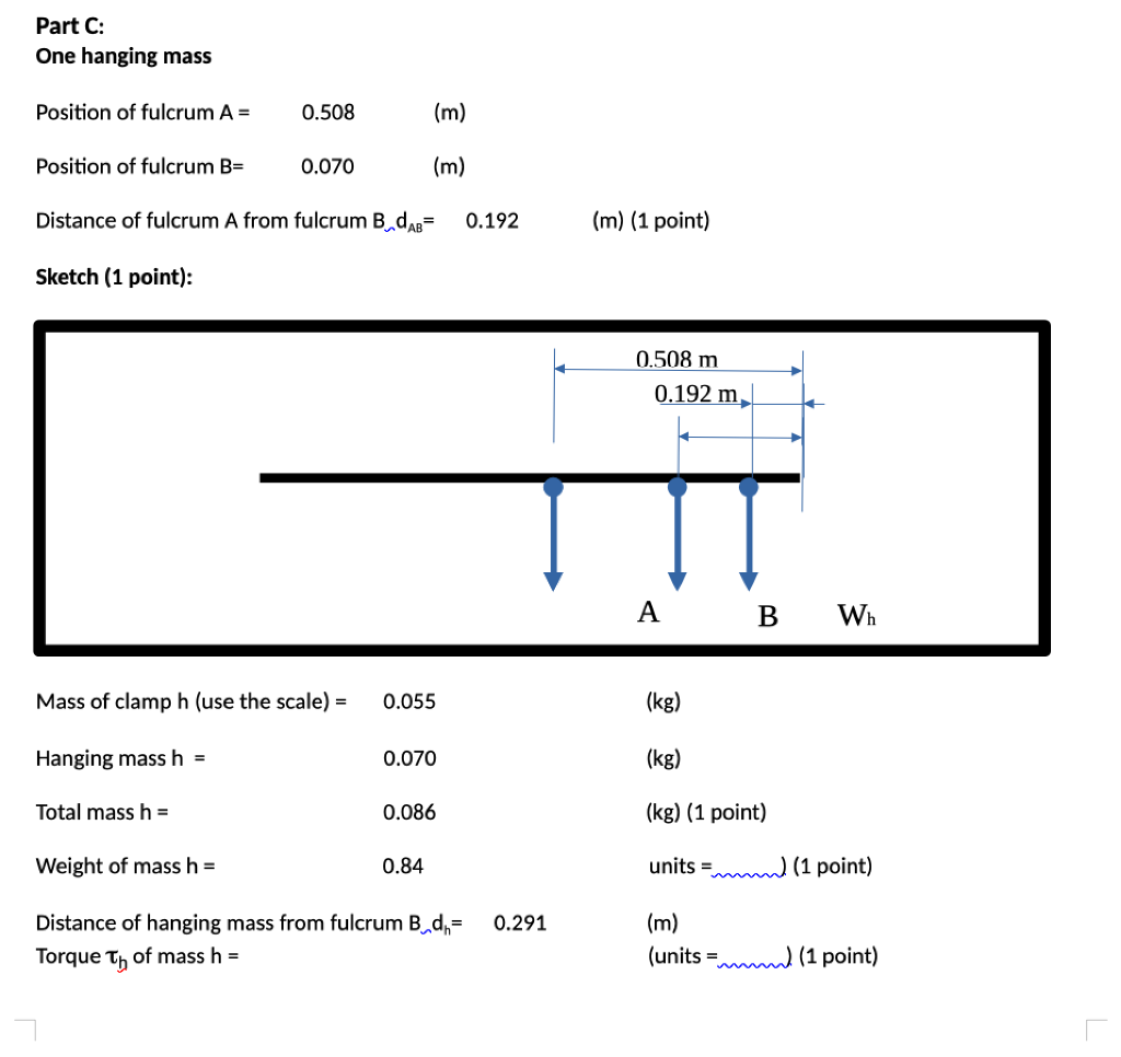 Solved Part C: One hanging mass Position of fulcrum A=0.508( | Chegg.com