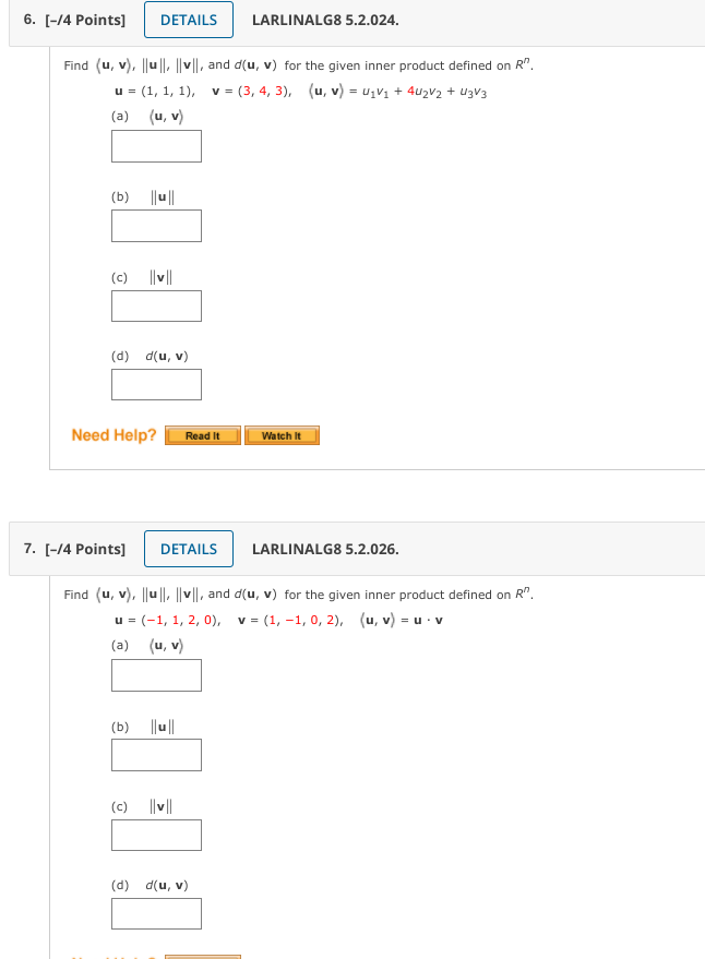 Solved 6. [-14 Points] DETAILS LARLINALG8 5.2.024. Find (u, | Chegg.com
