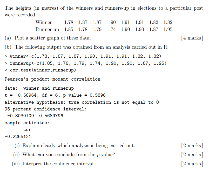 Solved The heights (in metres) of the winners and runners-up | Chegg.com