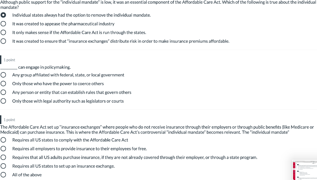 Solved Although public support for the "individual mandate" | Chegg.com