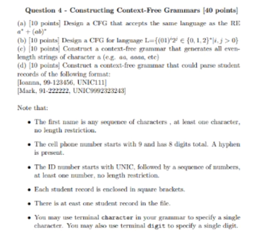 Solved Question 4 - Constructing Context-Free Grammars (40 | Chegg.com