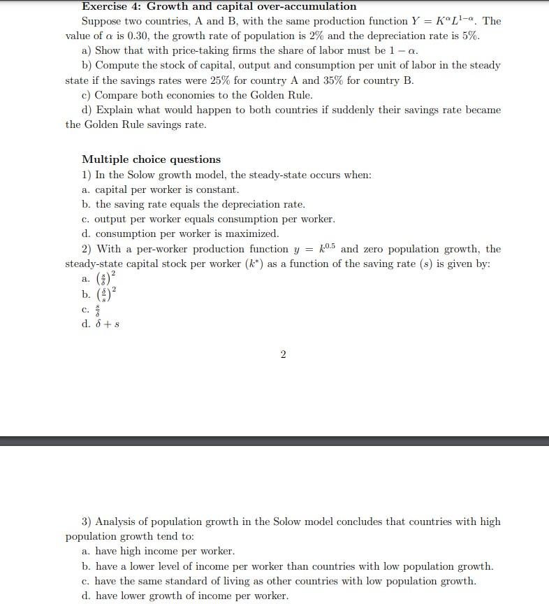 Solved Exercise 4: Growth and capital over-accumulation | Chegg.com