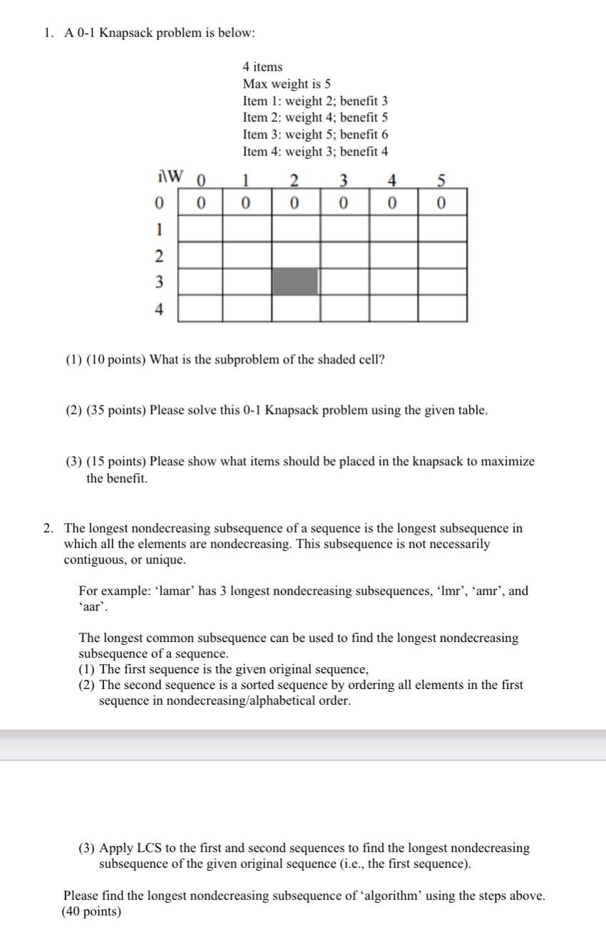 Solved 1. ﻿A 0-1 ﻿Knapsack problem is below:4 ﻿itemsMax | Chegg.com