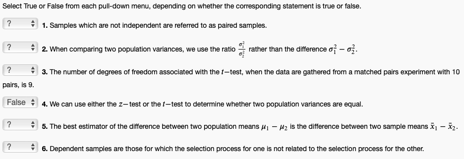 Solved Select True or False from each pull-down menu, | Chegg.com