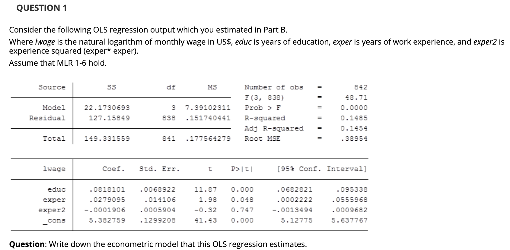 Solved Question: 1. Write down the econometric model that | Chegg.com