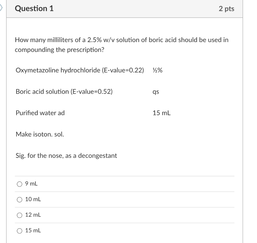 Solved How many milliliters of a 2.5%w/v solution of boric | Chegg.com