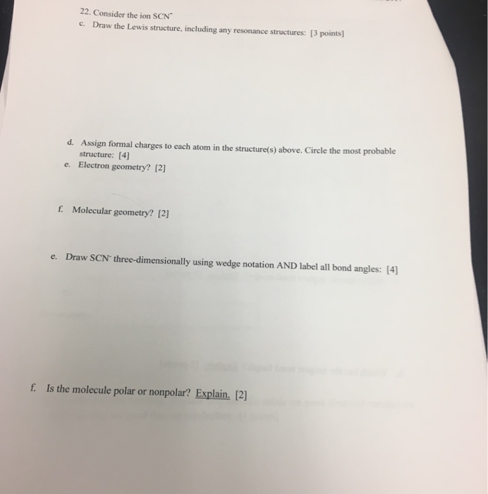 Solved 22. Consider the ion SCN c. Draw the Lewis structure, | Chegg.com