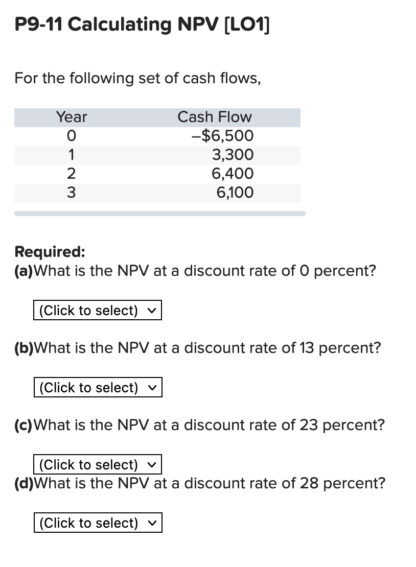 Solved P9-11 Calculating NPV (LO1] For the following set of | Chegg.com