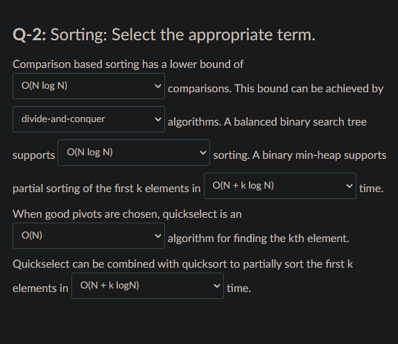 Solved Q-2: Sorting: Select the appropriate term. Comparison | Chegg.com