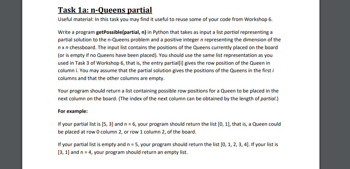 Solved Task 1a: n-Queens partial Useful material: In this | Chegg.com