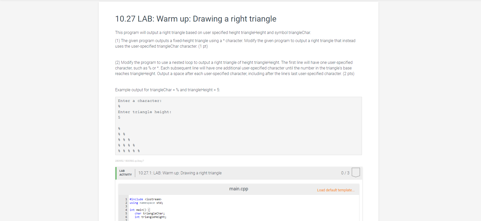 Solved 10.27 LAB: Warm up: Drawing a right triangle This | Chegg.com