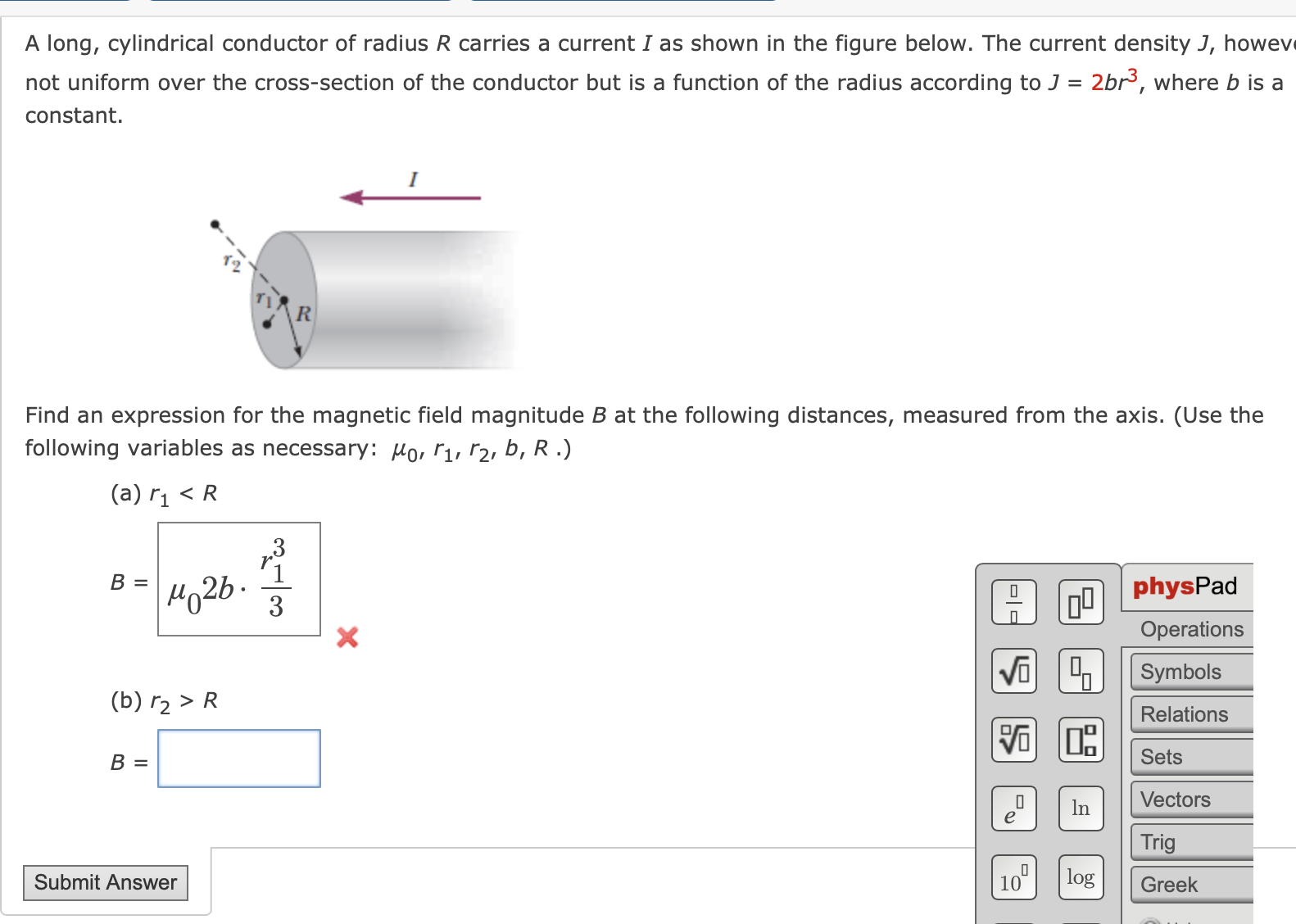 Solved A long, cylindrical conductor of radius R carries a | Chegg.com