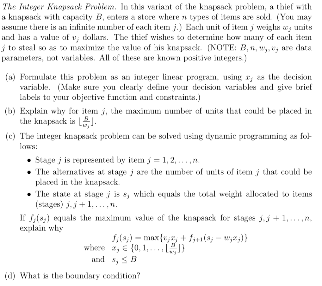 The Integer Knapsack Problem. In this variant of the | Chegg.com