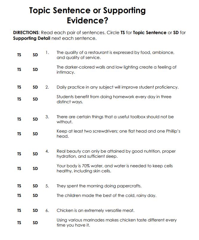 Topic Sentence or Supporting Evidence? DIRECTIONS: | Chegg.com