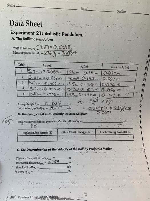 Solved Name Date Section Data Sheet Experiment 21: Ballistic | Chegg.com