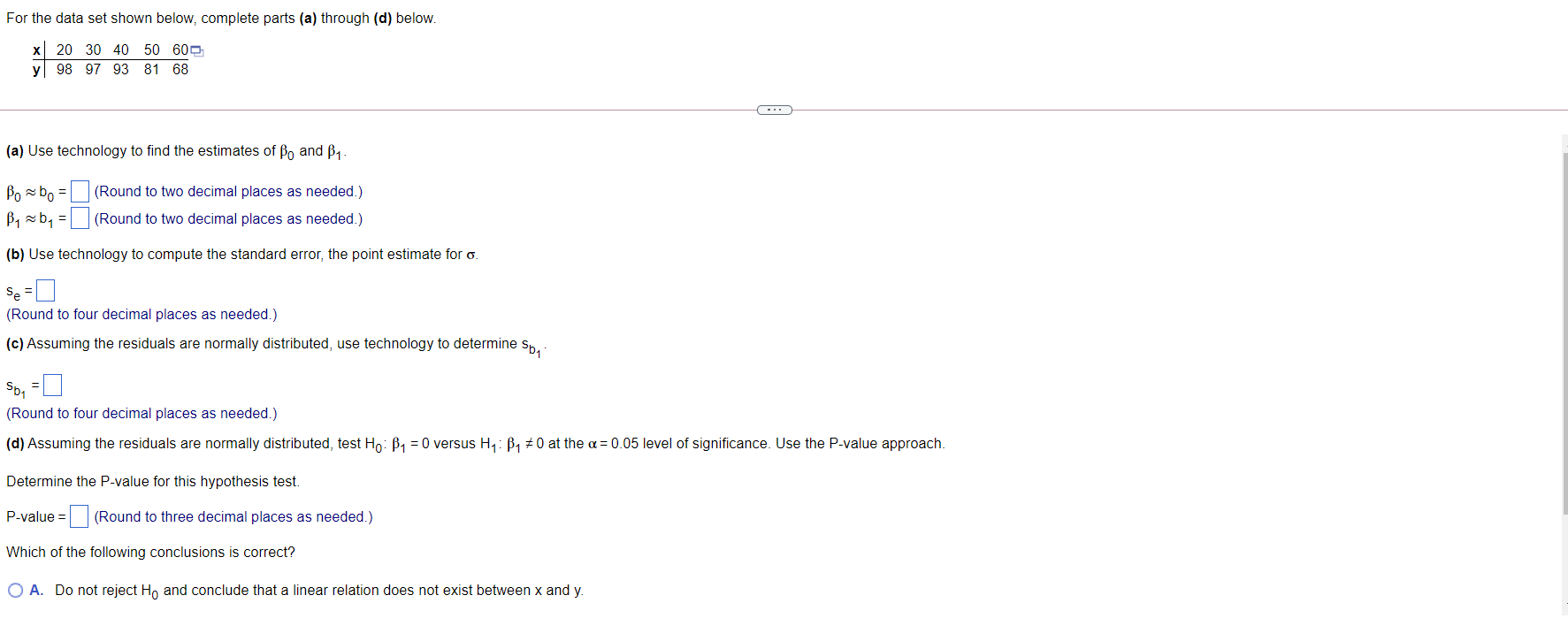 Solved For the data set shown below, complete parts (a) | Chegg.com