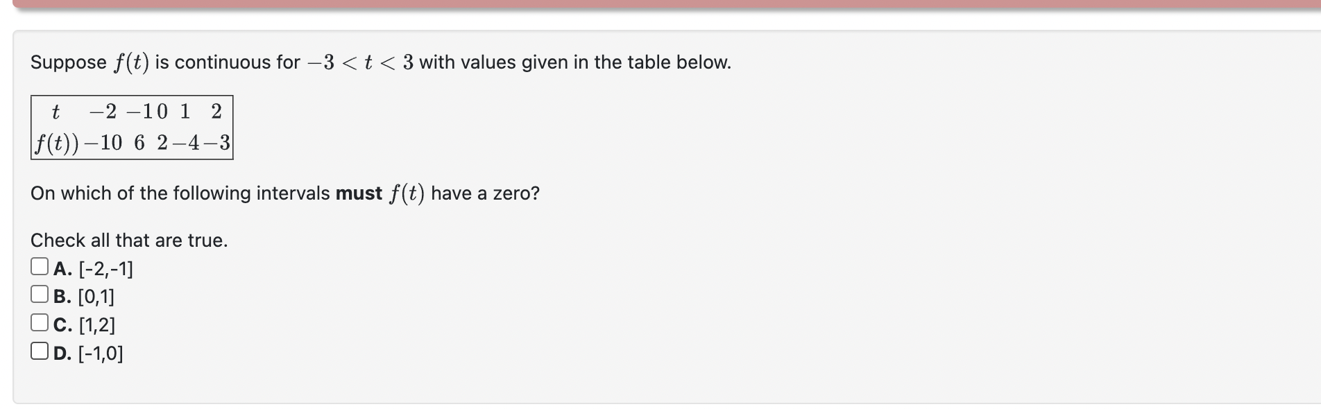 Solved Suppose f(t) ﻿is continuous for f(t)-2,-10,11,2-1,0-3 | Chegg.com