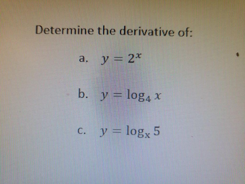 Solved Determine the derivative of: a. y = 2* b. y = log4 x | Chegg.com