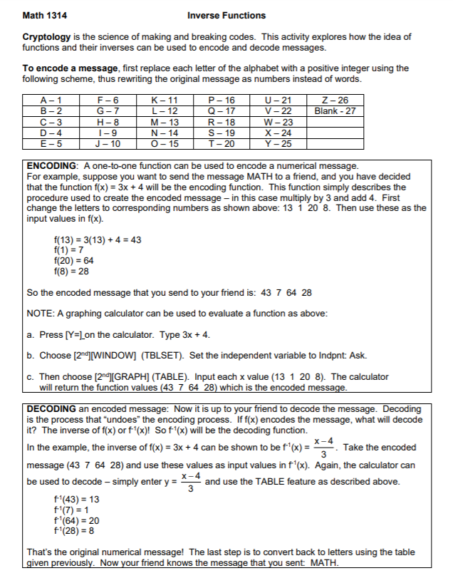 Solved Math 1314 Inverse Functions Cryptology is the science | Chegg.com