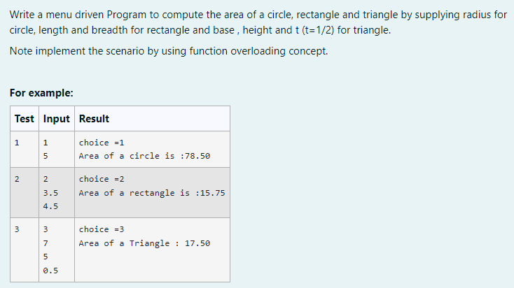 Solved Write a menu driven Program to compute the area of a | Chegg.com