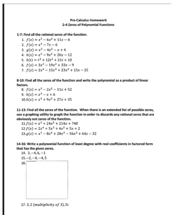 Solved Pre-Calculus Homework 2-4 Zeros of Polynomial | Chegg.com