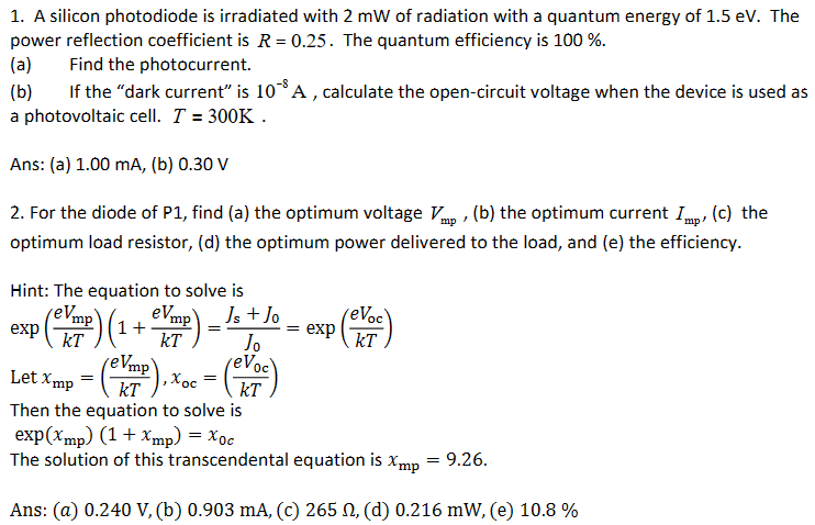 Solved 1. A silicon photodiode is irradiated with 2 mW of | Chegg.com