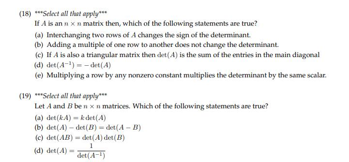 Solved (18) ∗∗∗ Select all that apply* If A is an n×n matrix | Chegg.com