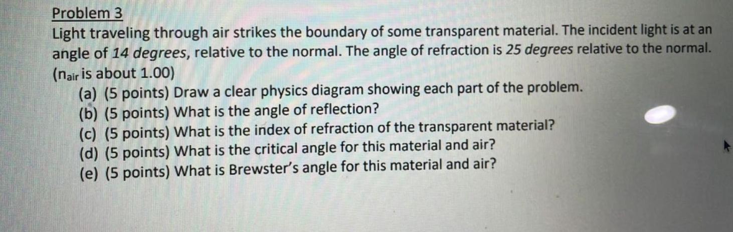 Solved Problem 3 Light traveling through air strikes the | Chegg.com