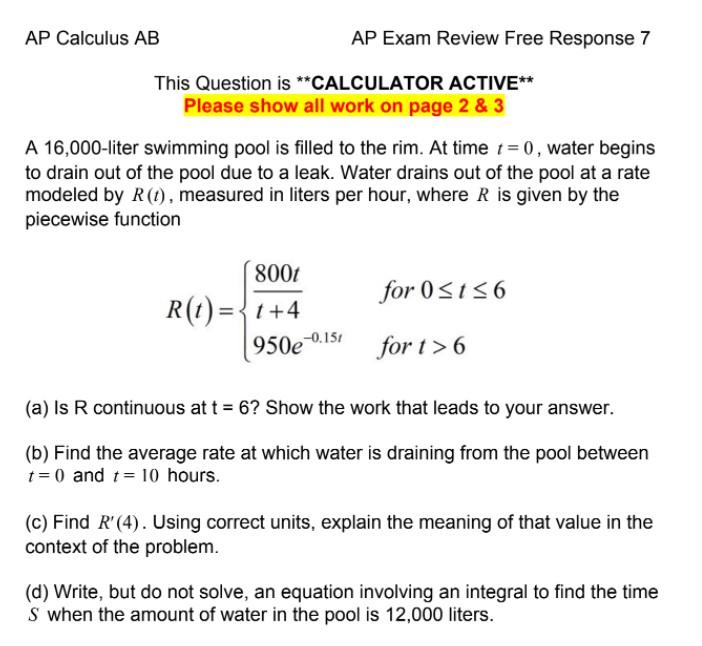 Solved AP Calculus AB AP Exam Review Free Response 7 This | Chegg.com