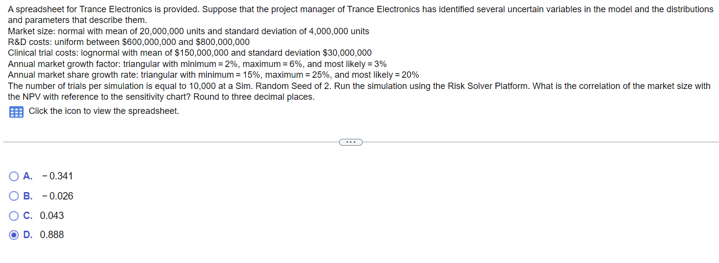 Solved A spreadsheet for Trance Electronics is provided. | Chegg.com