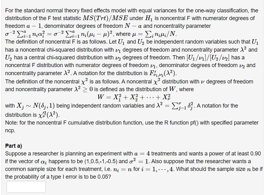For the standard normal theory fixed effects model | Chegg.com