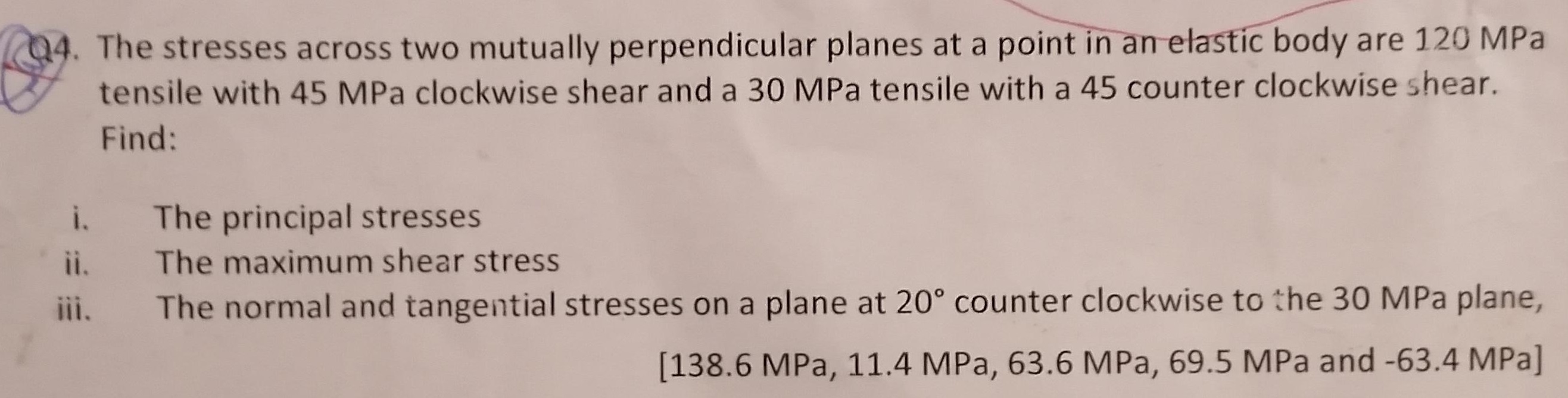 Solved Q4. The stresses across two mutually perpendicular | Chegg.com