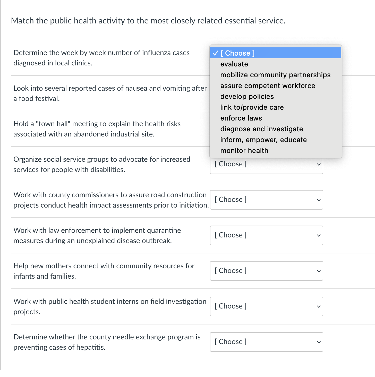 Solved Match the public health activity to the most closely | Chegg.com