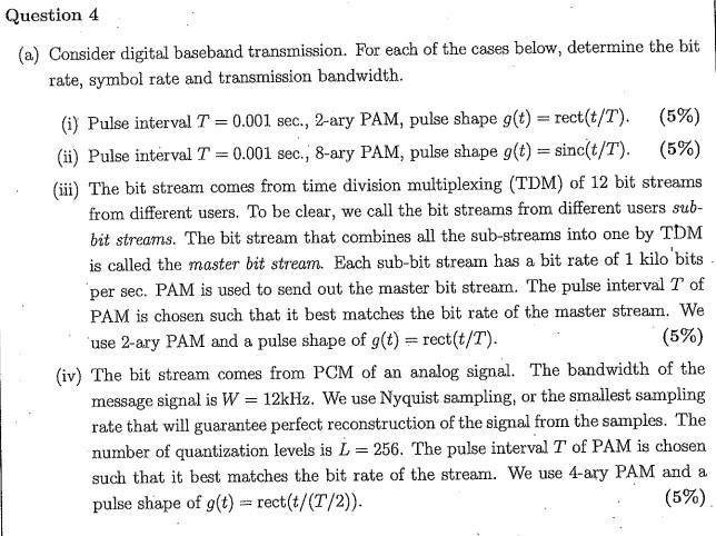 Solved a) Consider digital baseband transmission. For each | Chegg.com