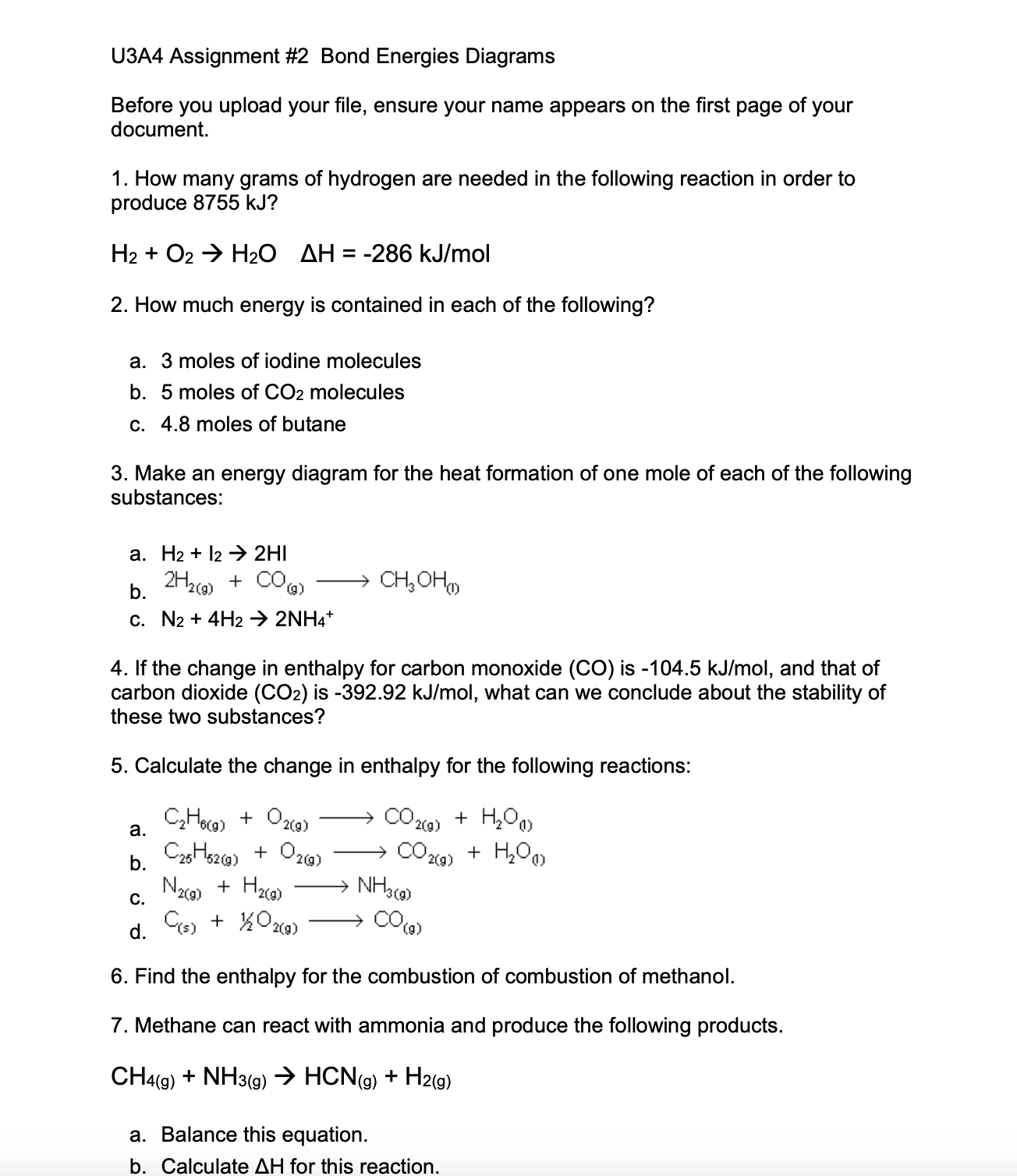 Solved U3A4 Assignment \#2 Bond Energies Diagrams Before you | Chegg.com